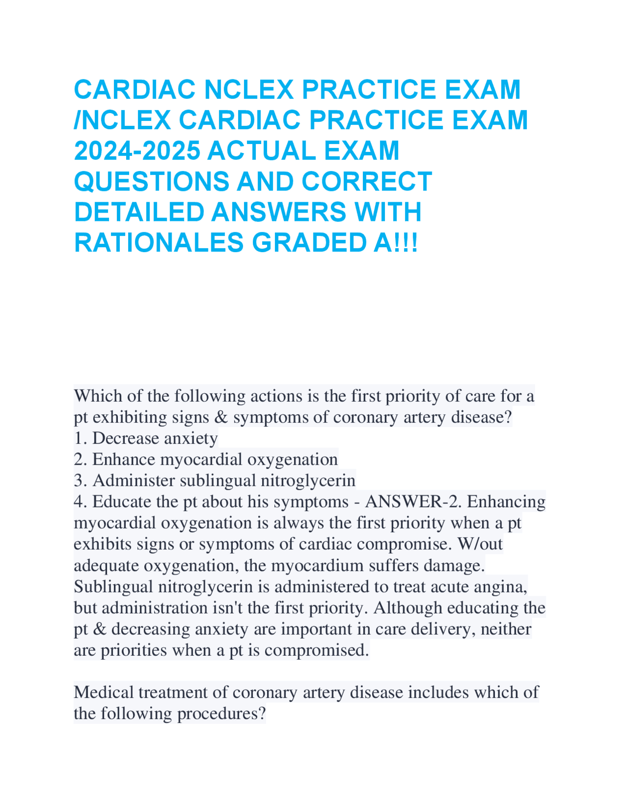 Cardiac NCLEX Practice Exam: Questions and Answers with Rationales ...