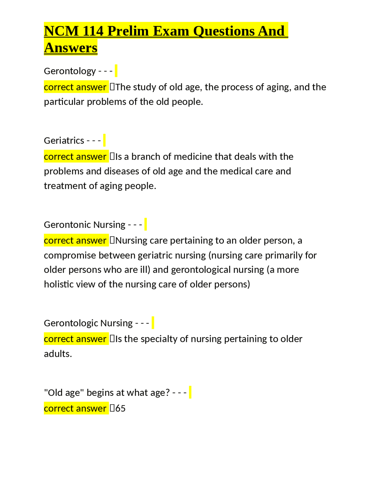 NCM 114 Prelim Exam Questions And Answers | Exams Public Health | Docsity