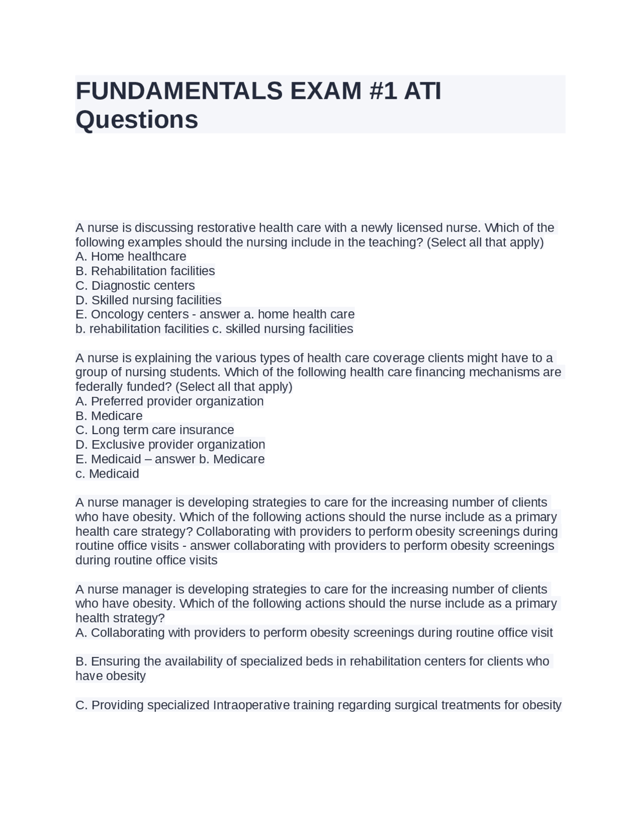 Fundamentals of Nursing Practice: Multiple Choice Questions | Exams ...