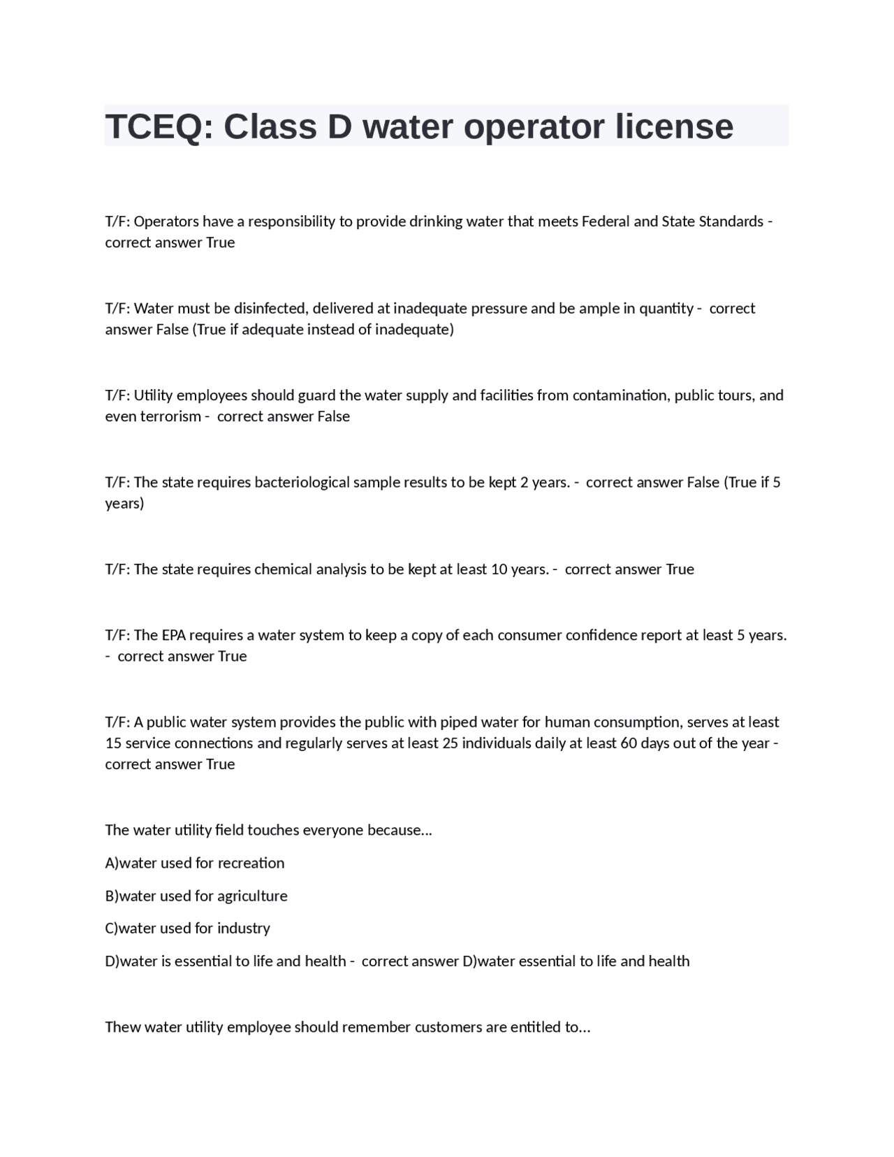 TCEQ: Class D Water Operator License Study Guide | Exams Nursing | Docsity