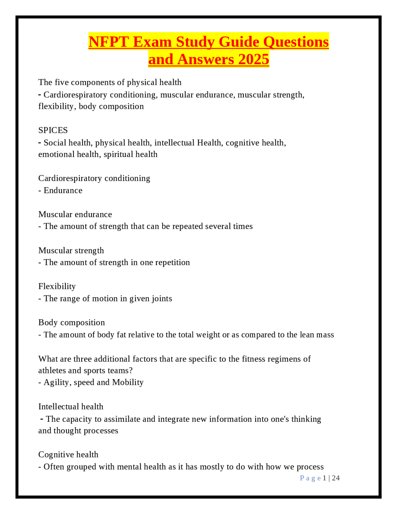 NFPT Exam Study Guide Questions and Answers | Exams Nursing | Docsity