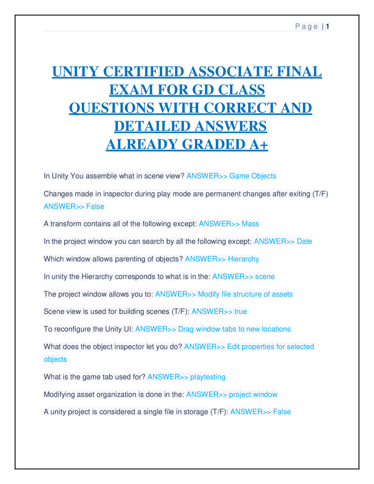 UNITY CERTIFIED ASSOCIATE FINAL EXAM FOR GD CLASS QUESTIONS WITH ...