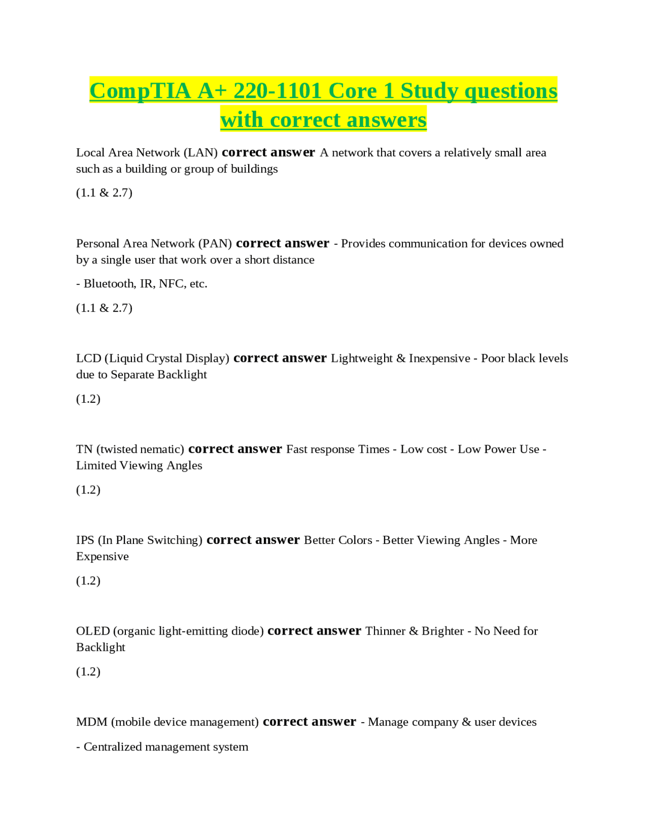 CompTIA A+ 220-1101 Core 1 Study questions with correct answers | Exams Computer Networks | Docsity