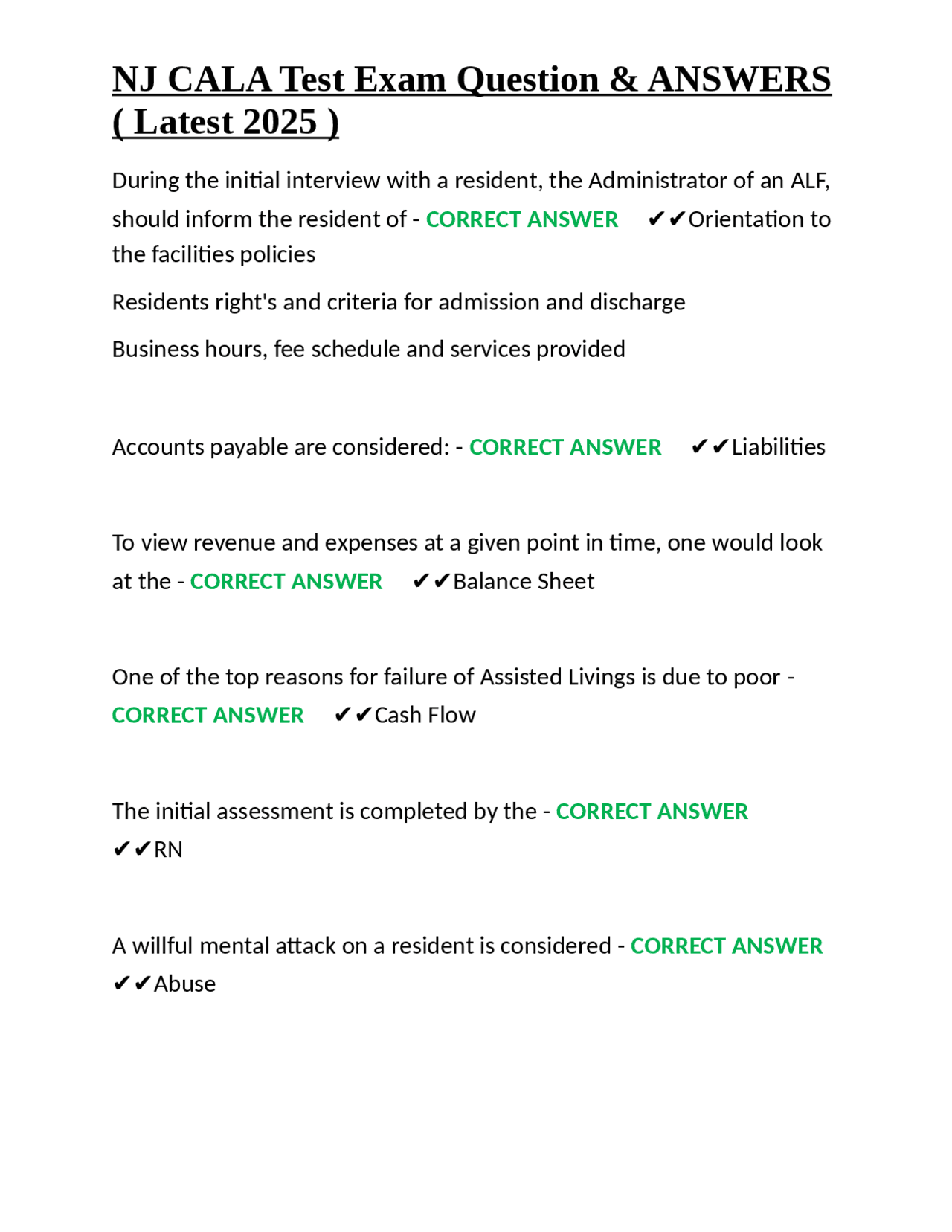 NJ CALA Test Exam Questions and Answers: Assisted Living Facility ...