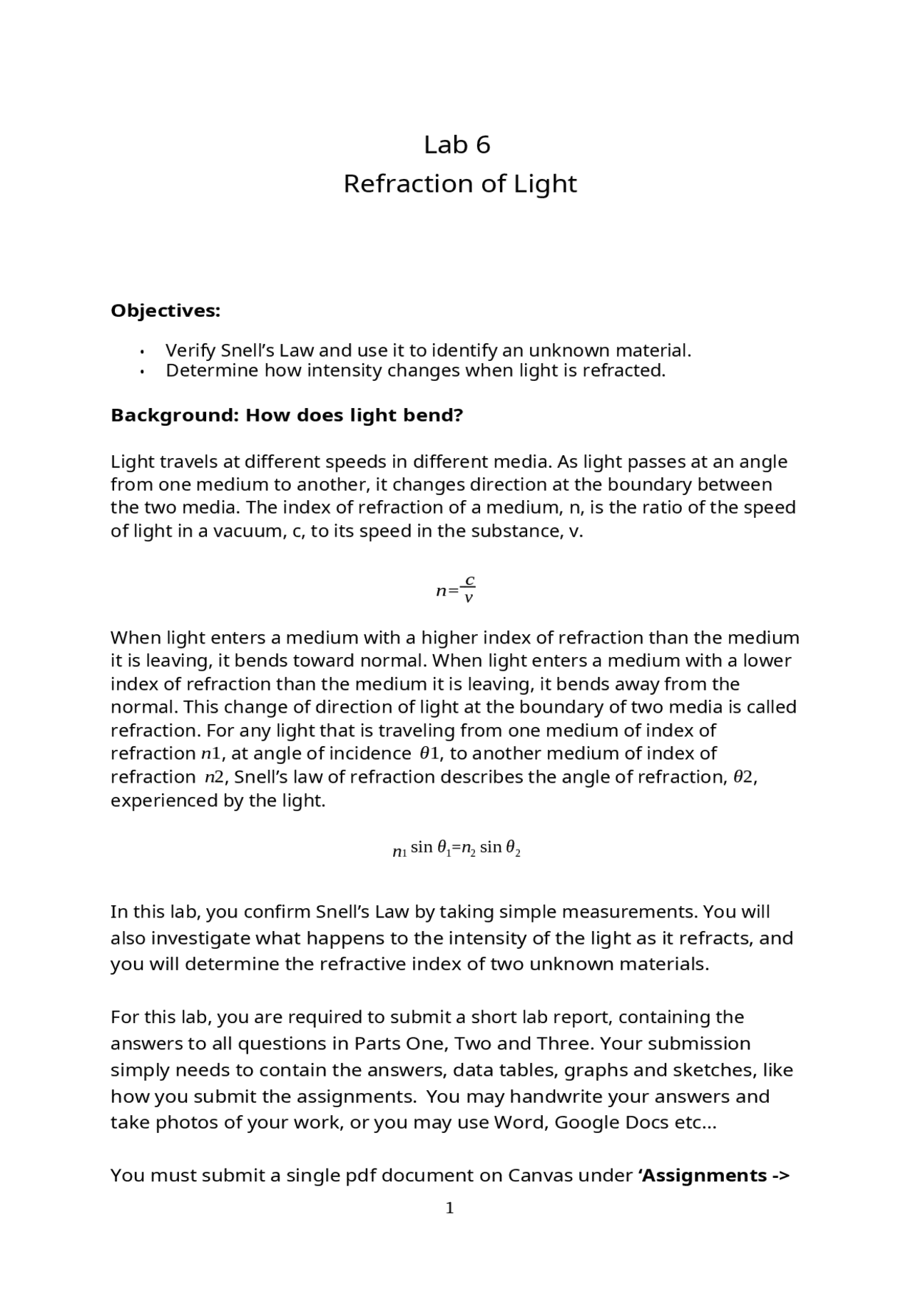 PHY142 Lab 6 Refraction of light Spring 2025 | Exams Physics | Docsity