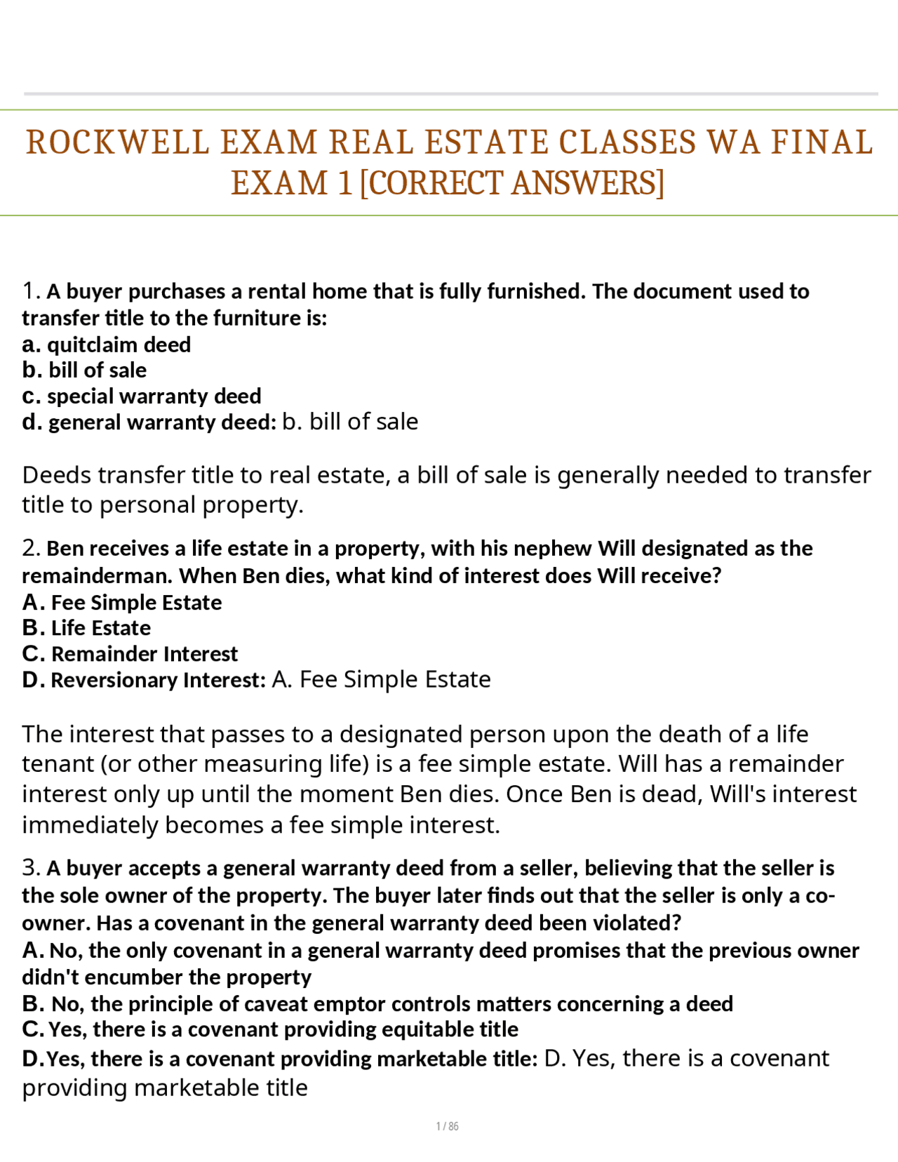 ROCKWELL EXAM REAL ESTATE CLASSES WA FINAL EXAM 1 [CORRECT ANSWERS ...