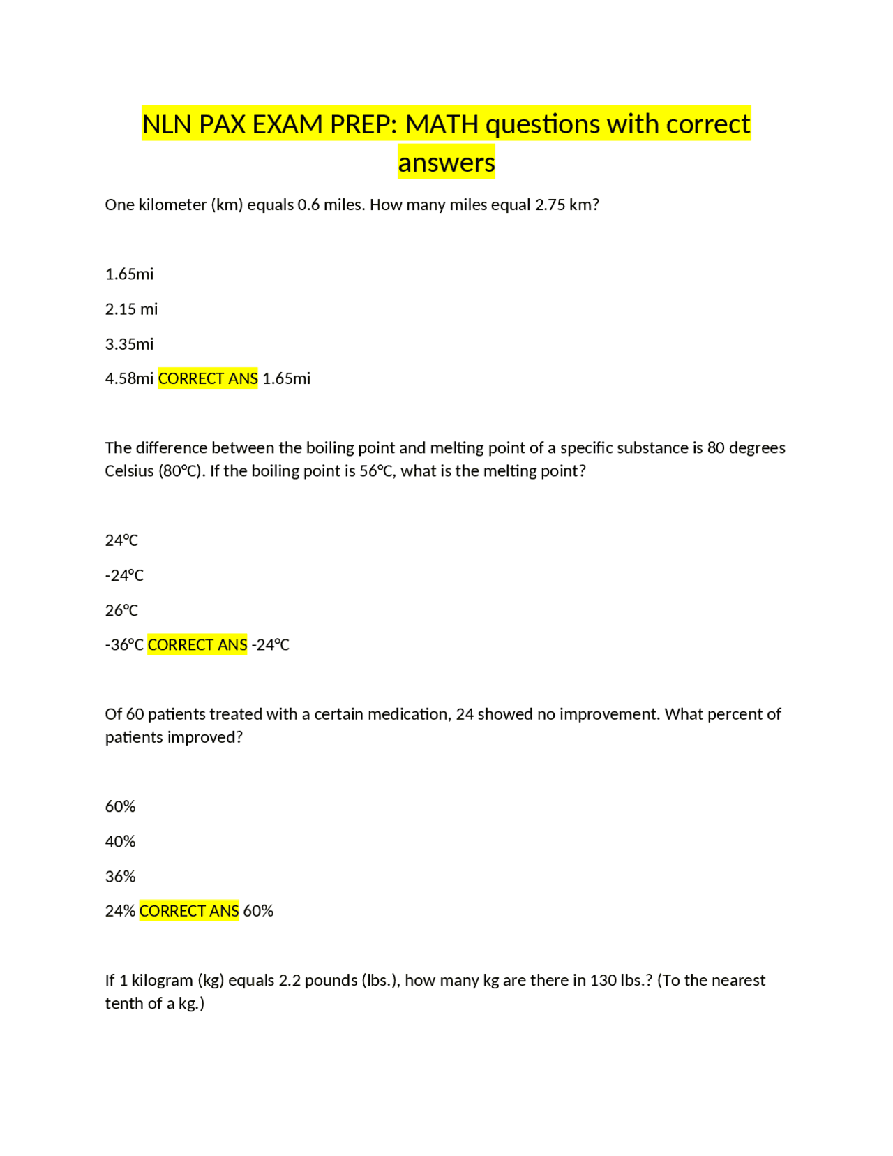 NLN PAX EXAM PREP: MATH questions with correct answers | Exams Nursing ...