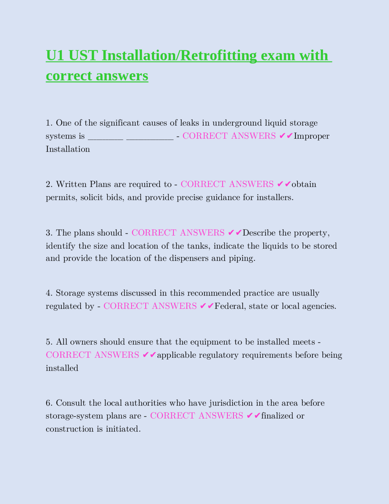 U1 UST Installation/Retrofitting Exam with Correct Answers | Exams ...