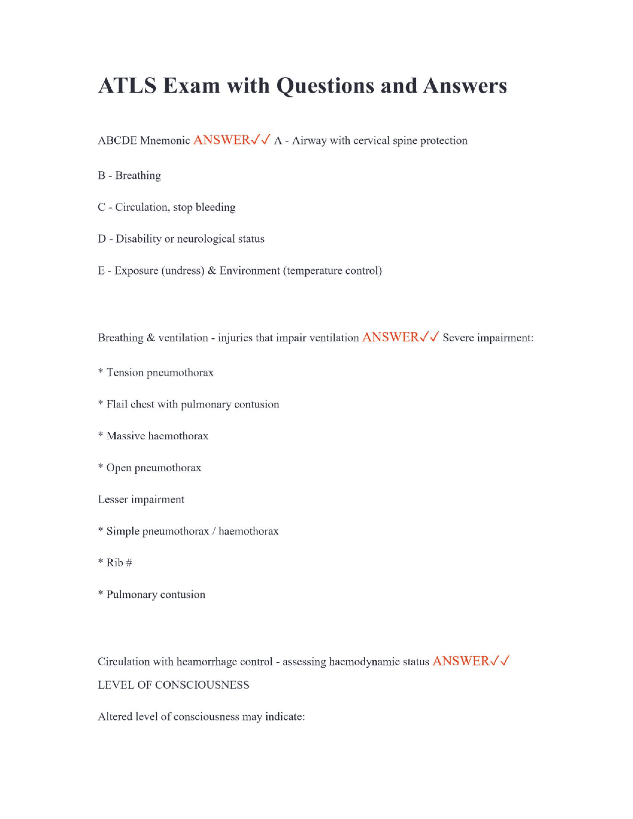 ATLS Exam with Questions and Answers | Exams Medicine | Docsity