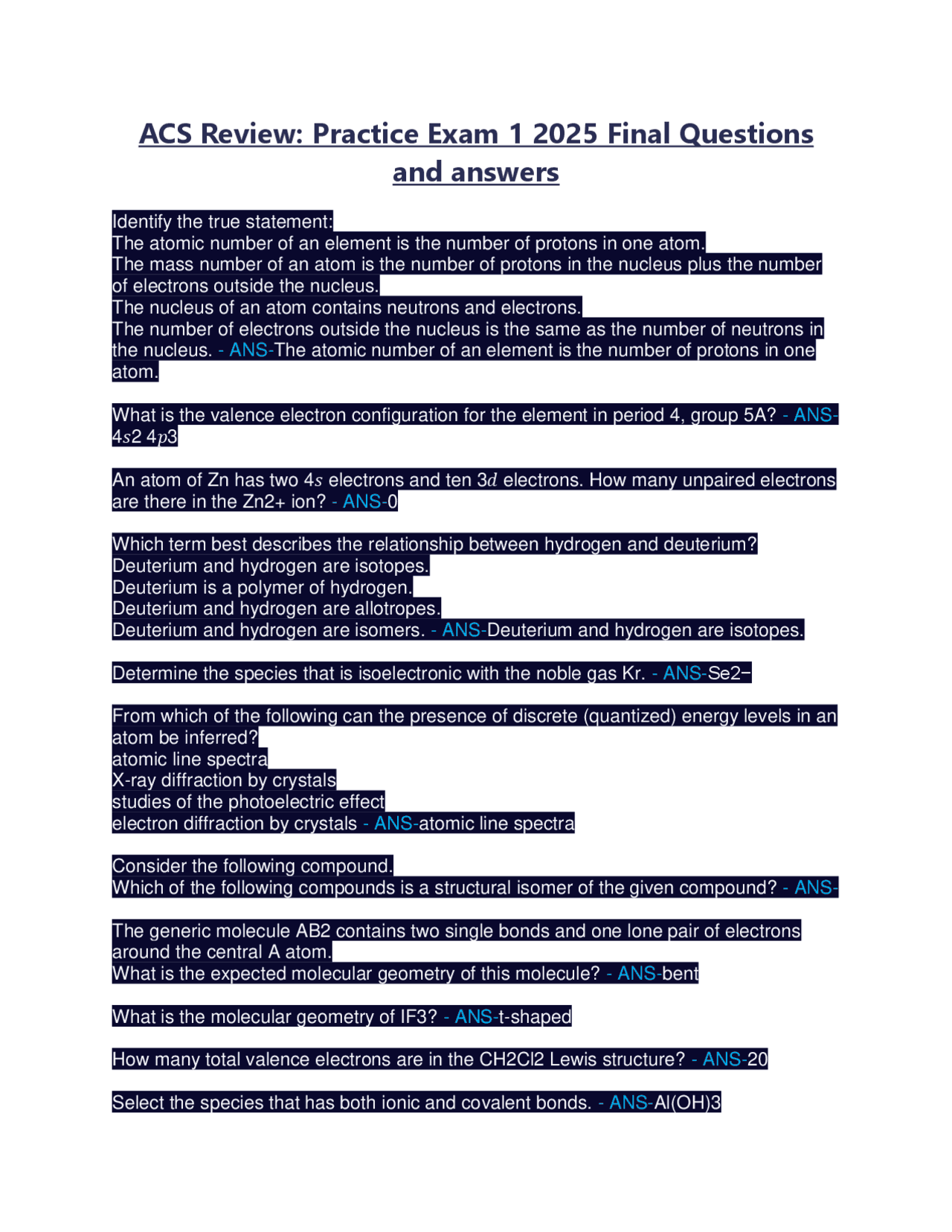 ACS Review: Practice Exam 1 2025 Final Questions and answers | Exams Chemistry | Docsity