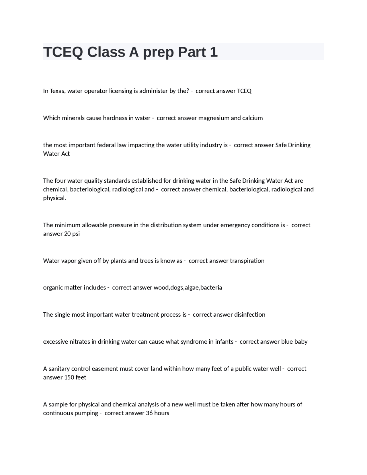 TCEQ Class A prep Part 1 Question and answer 100% correct | Exams ...