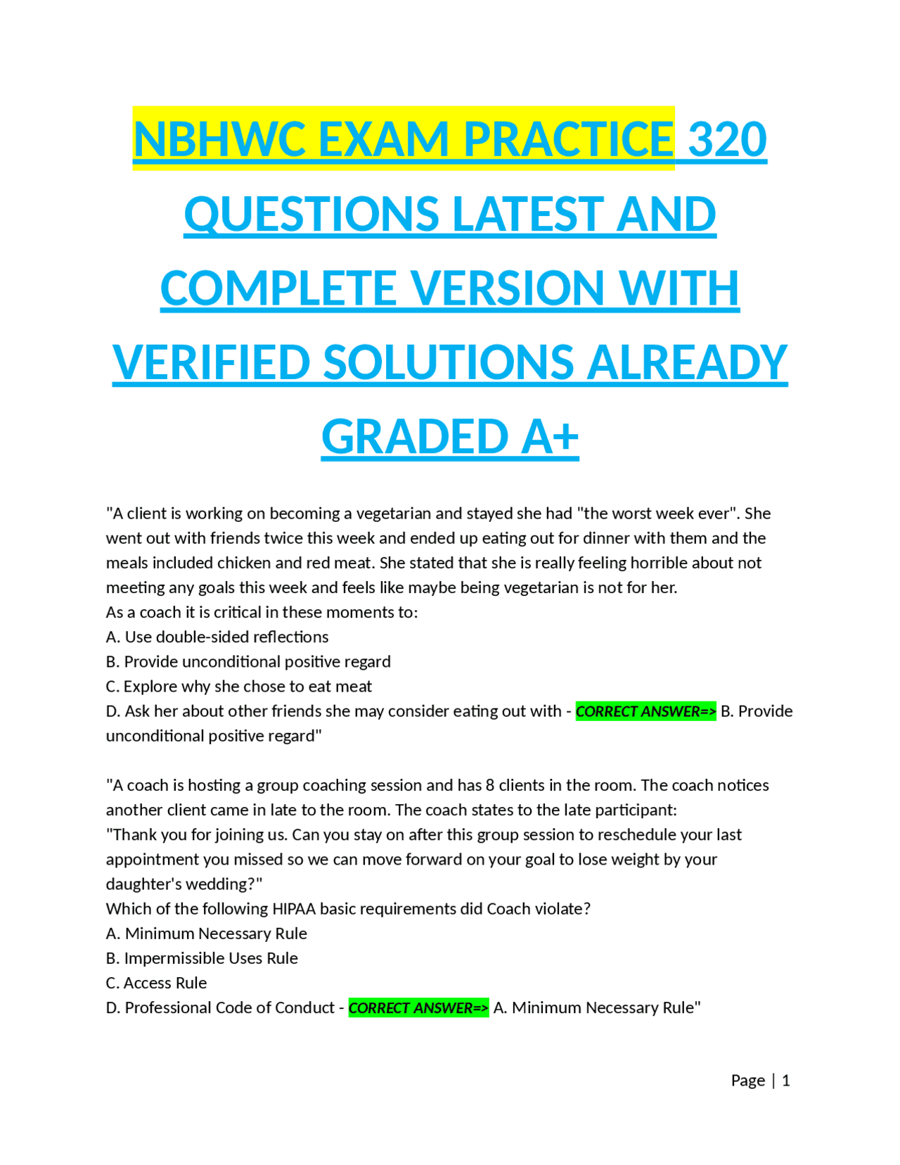 NBHWC EXAM PRACTICE 320 QUESTIONS LATEST AND COMPLETE VERSION WITH ...
