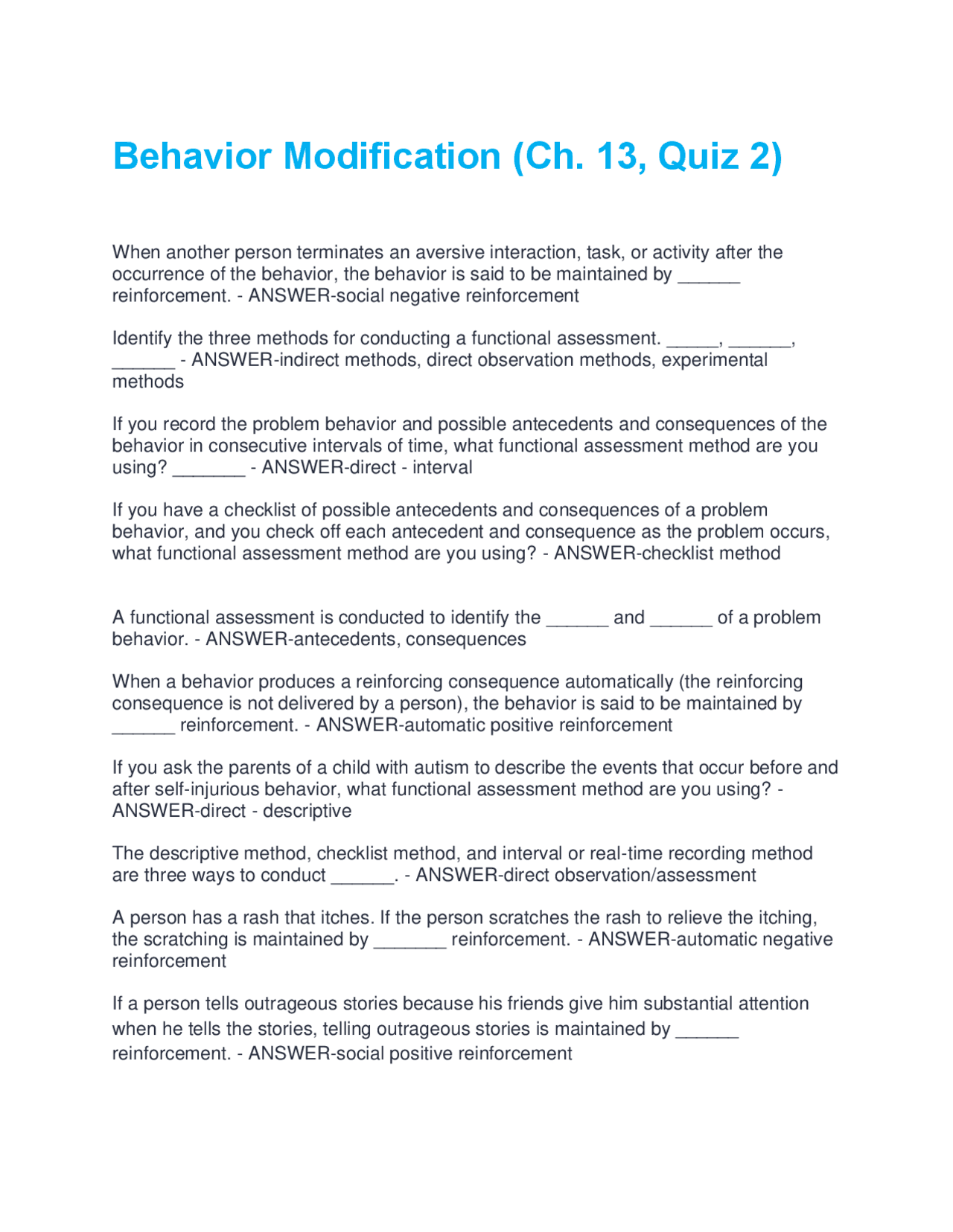 Behavior Modification (Ch. 13, Quiz 2) Questions and Answers Best rated A+ Guaranteed Succ ...