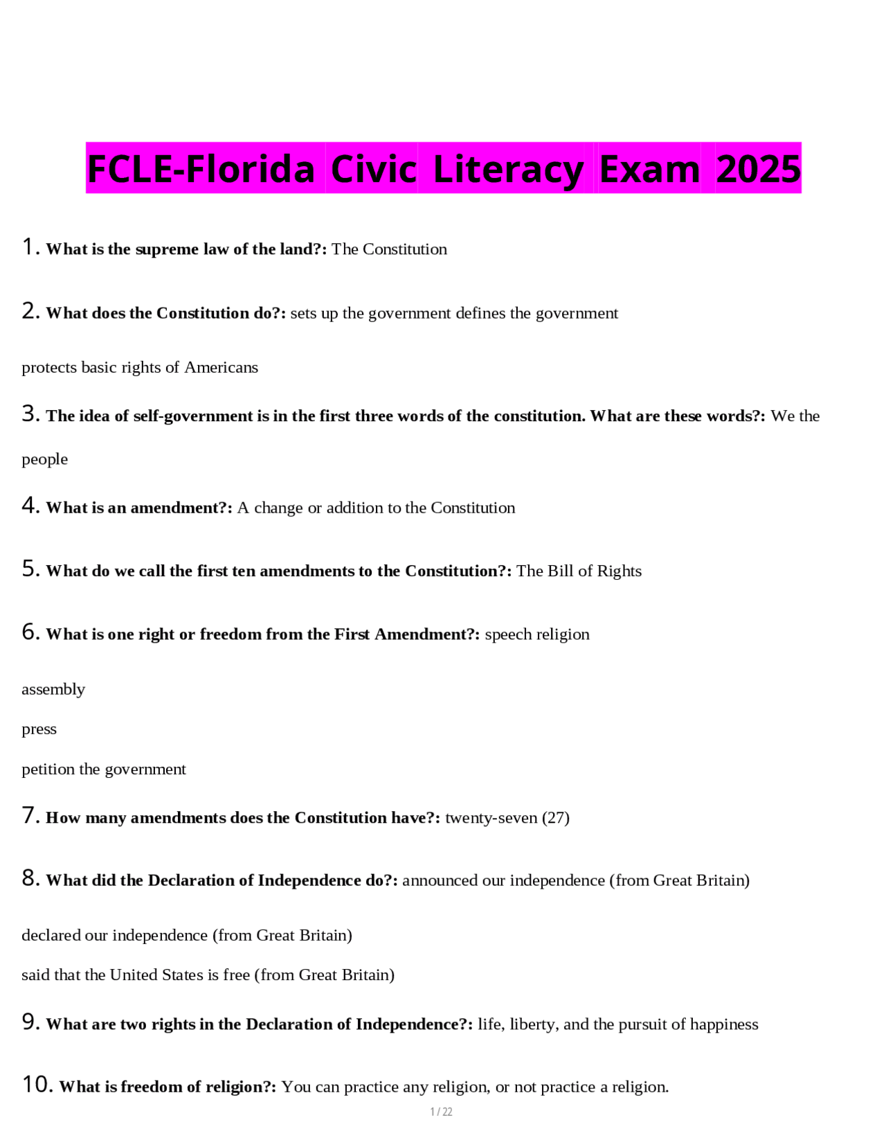 FCLE-Florida Civic Literacy Exam 2025 | Exams History | Docsity