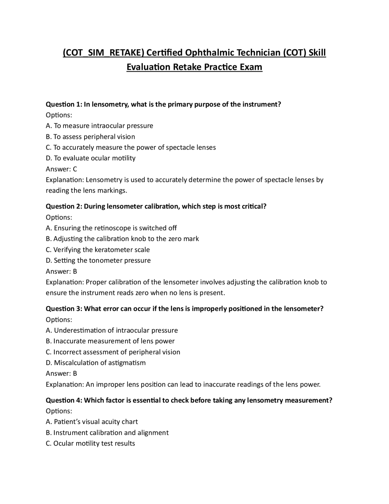 Certified Ophthalmic Technician (COT) Skill Evaluation Retake Practice ...