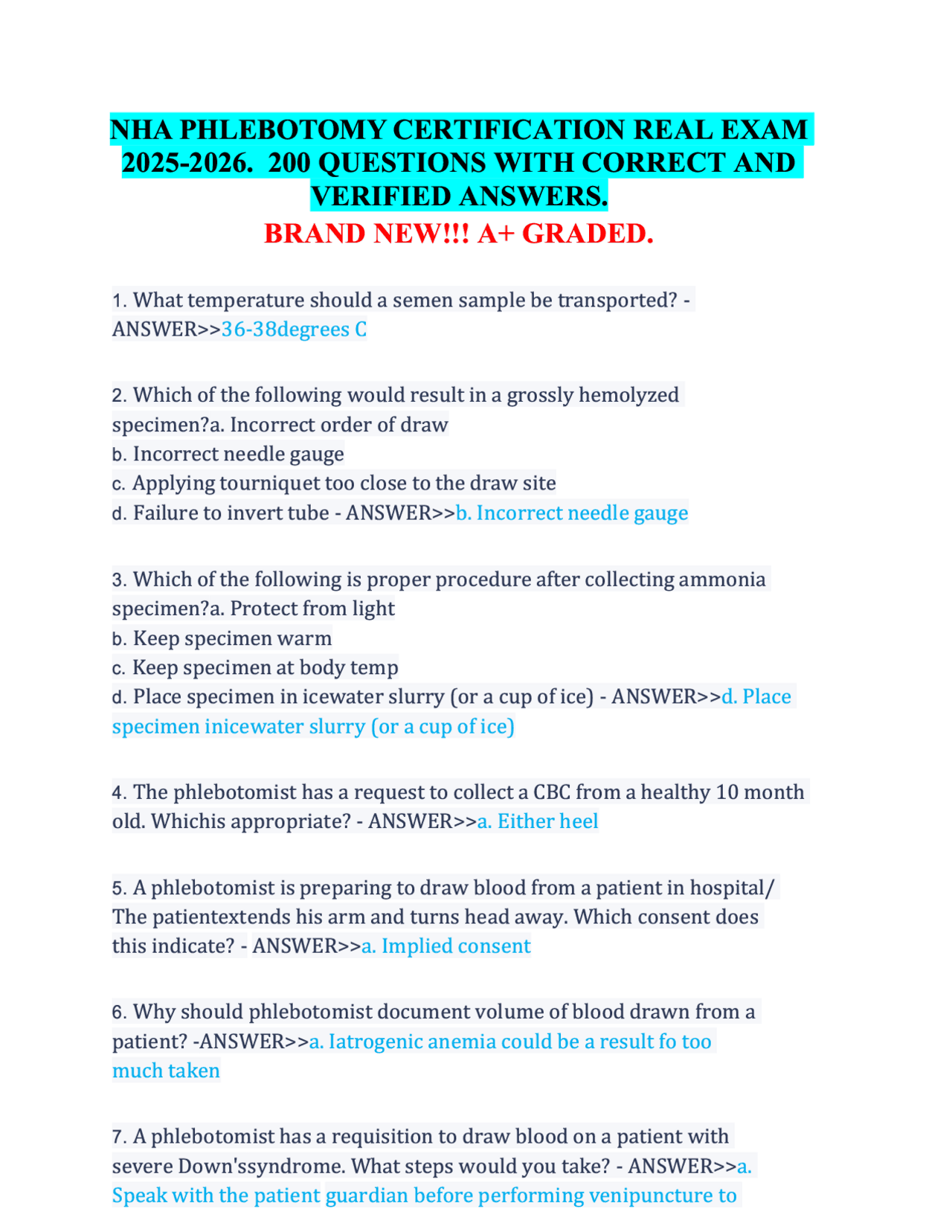 NHA PHLEBOTOMY CERTIFICATION REAL EXAM 2025-2026. 200 QUESTIONS WITH ...