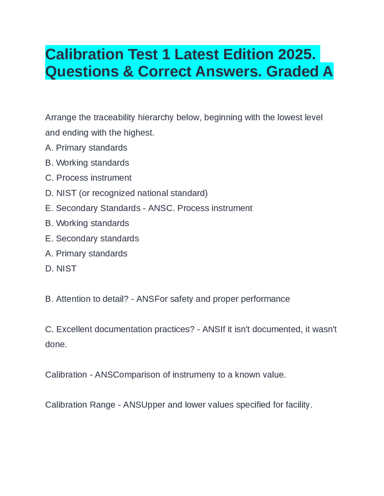 Calibration Test 1: Questions and Answers for Instrumentation and ...
