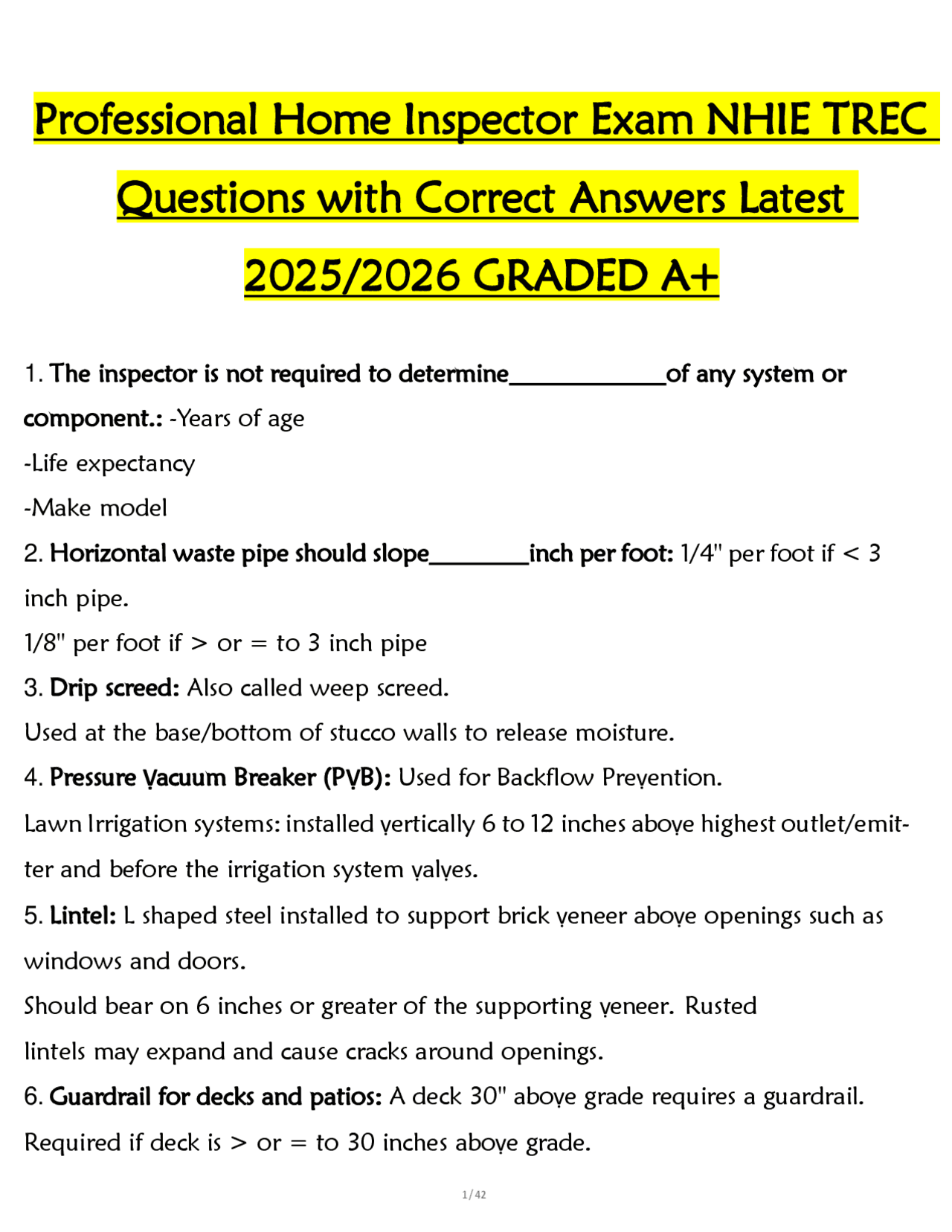 Professional Home Inspector Exam NHIE TREC.pdf | Exams Nursing | Docsity