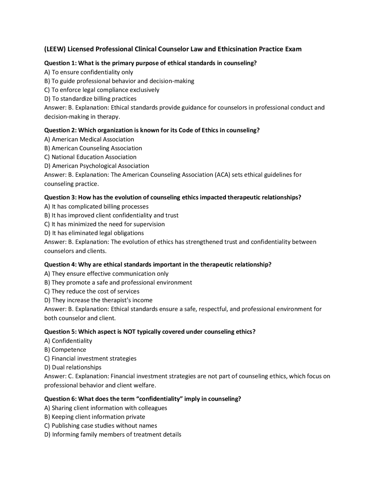 (LEEW) Licensed Professional Clinical Counselor Law and Ethicsination ...
