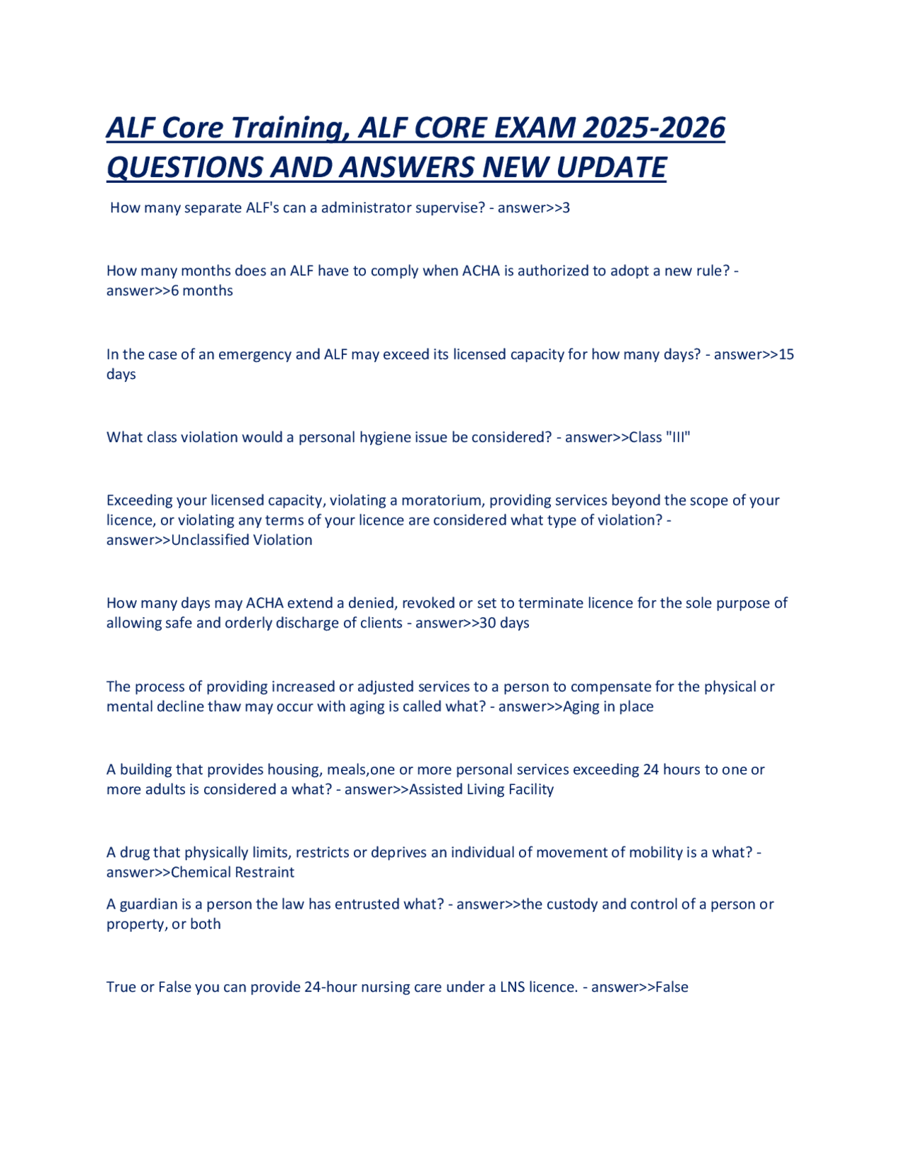 ALF Core Training Exam Questions and Answers 2025-2026 | Exams Public ...