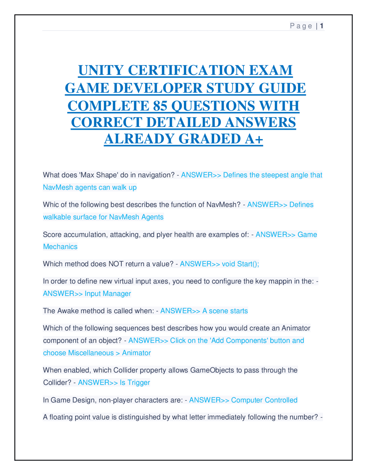 UNITY CERTIFICATION EXAM GAME DEVELOPER STUDY GUIDE COMPLETE 85 ...