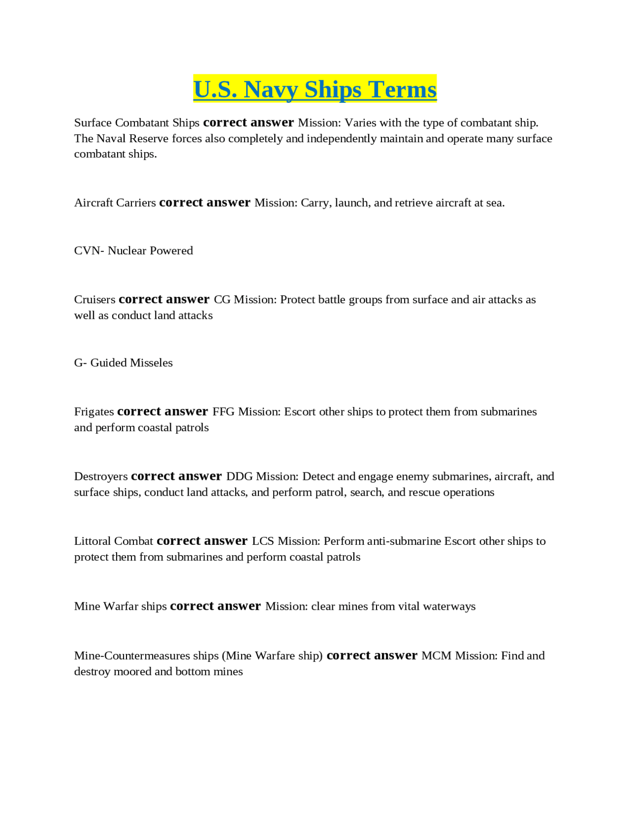 U.S. Navy Ships Terms | Exams Law | Docsity