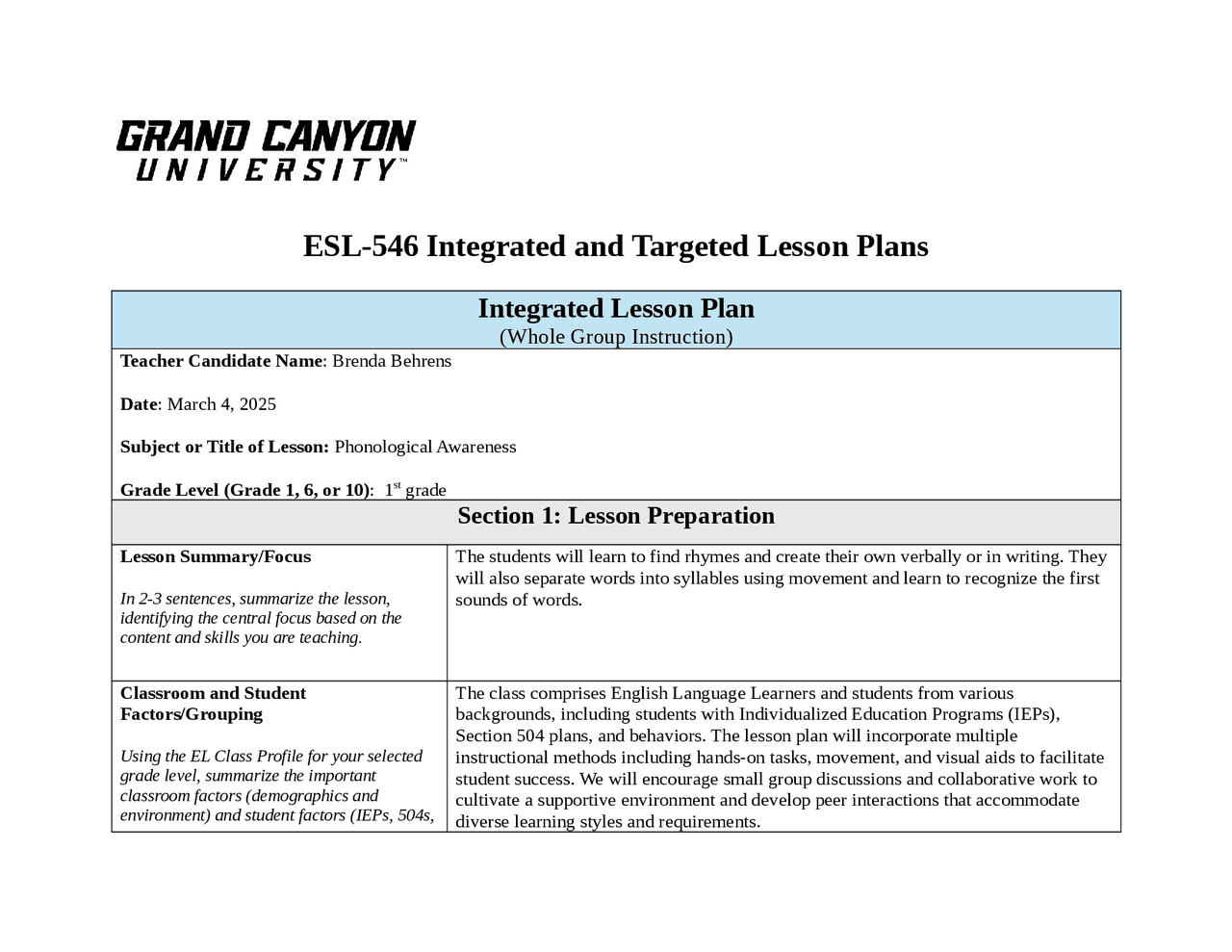 ESL 546 Topic 4 Integrated Lesson Plan Grade 1: Phonological Awareness ...