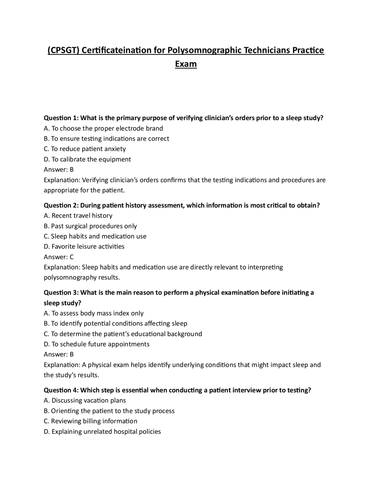 (CPSGT) Certificateination for Polysomnographic Technicians Exam ...