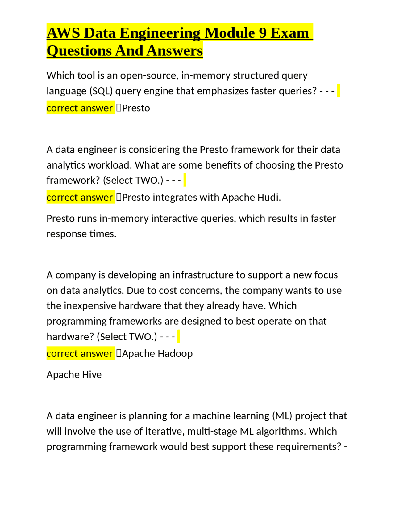 AWS Data Engineering Module 9 Exam Questions And Answers | Exams Database Programming | Docsity