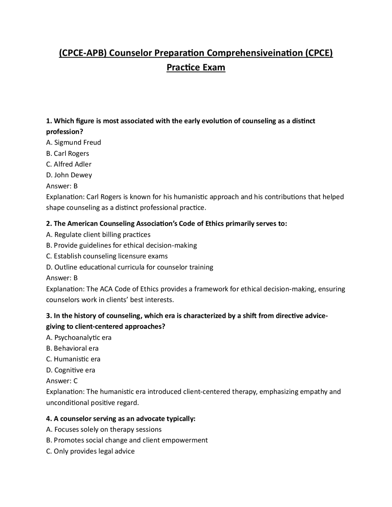 (CPCE-APB) Counselor Preparation Comprehensiveination (CPCE) Exam ...