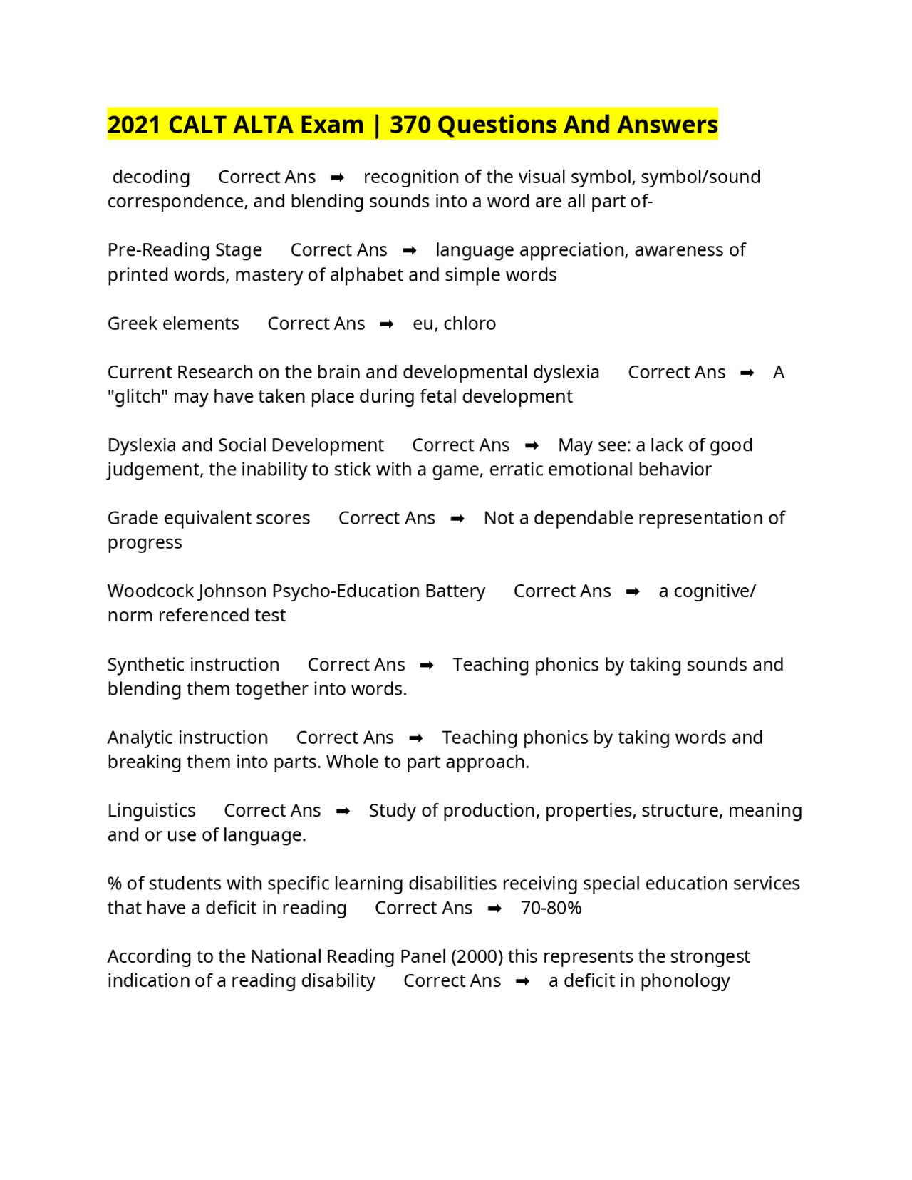 2021 CALT ALTA Exam | 370 Questions And Answers | Exams Nursing | Docsity