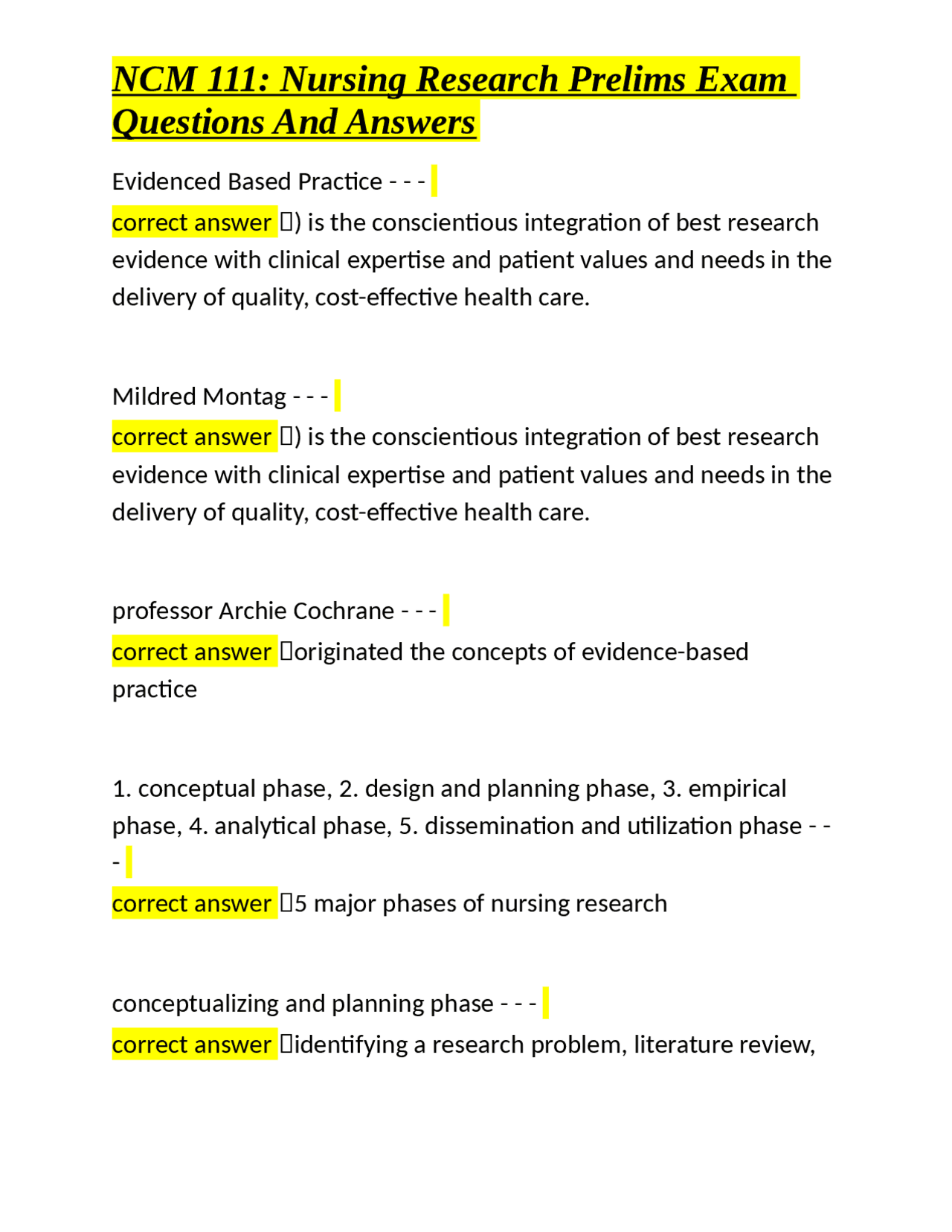 NCM 111: Nursing Research Prelims Exam Questions And Answers | Exams ...