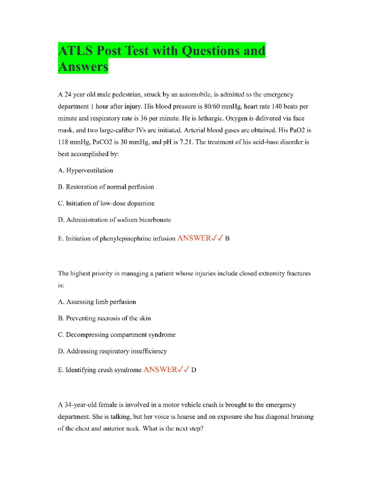 ATLS Post Test with Questions and Answers | Exams Medicine | Docsity