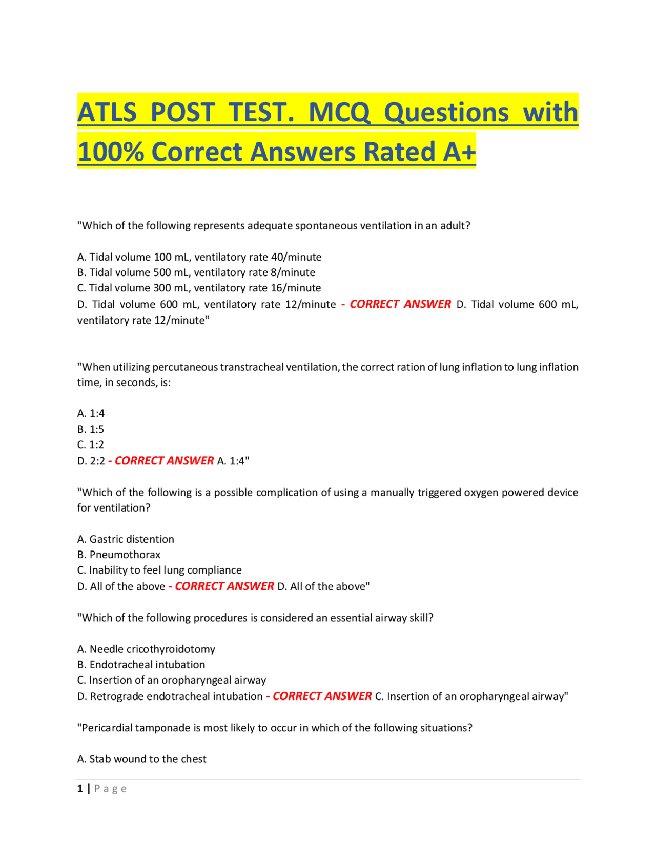 ATLS POST TEST. MCQ Questions with 100% Correct Answers Rated A+ ...