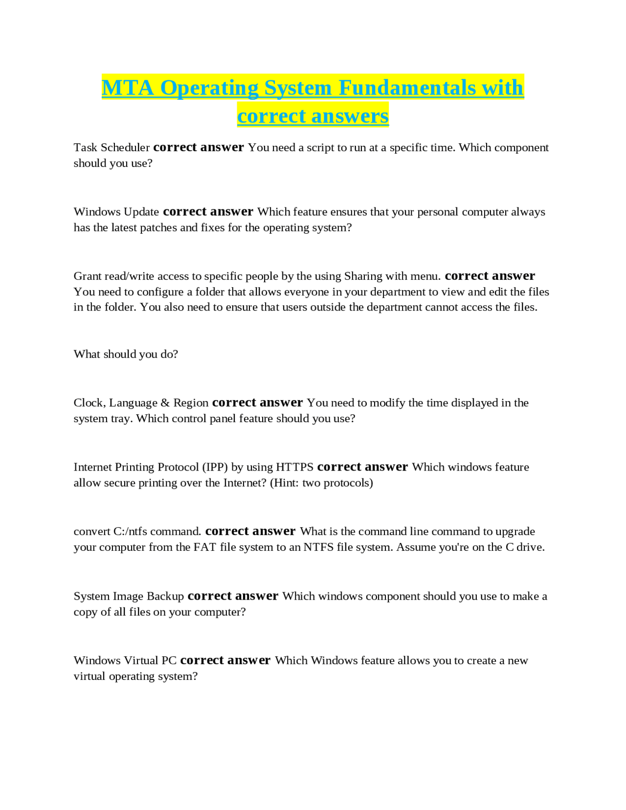 MTA Operating System Fundamentals with correct answers | Exams ...