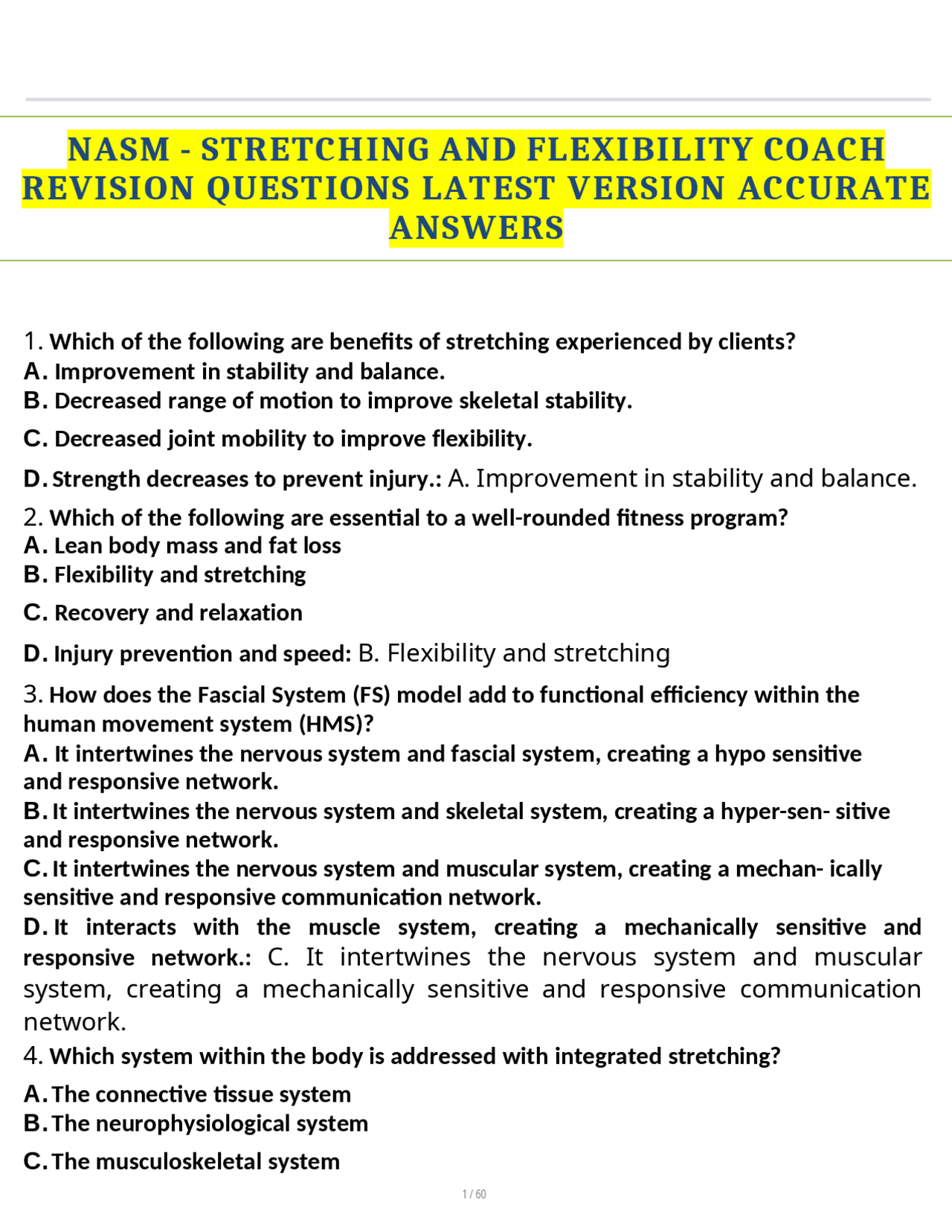 NASM - STRETCHING AND FLEXIBILITY COACH REVISION QUESTIONS LATEST ...