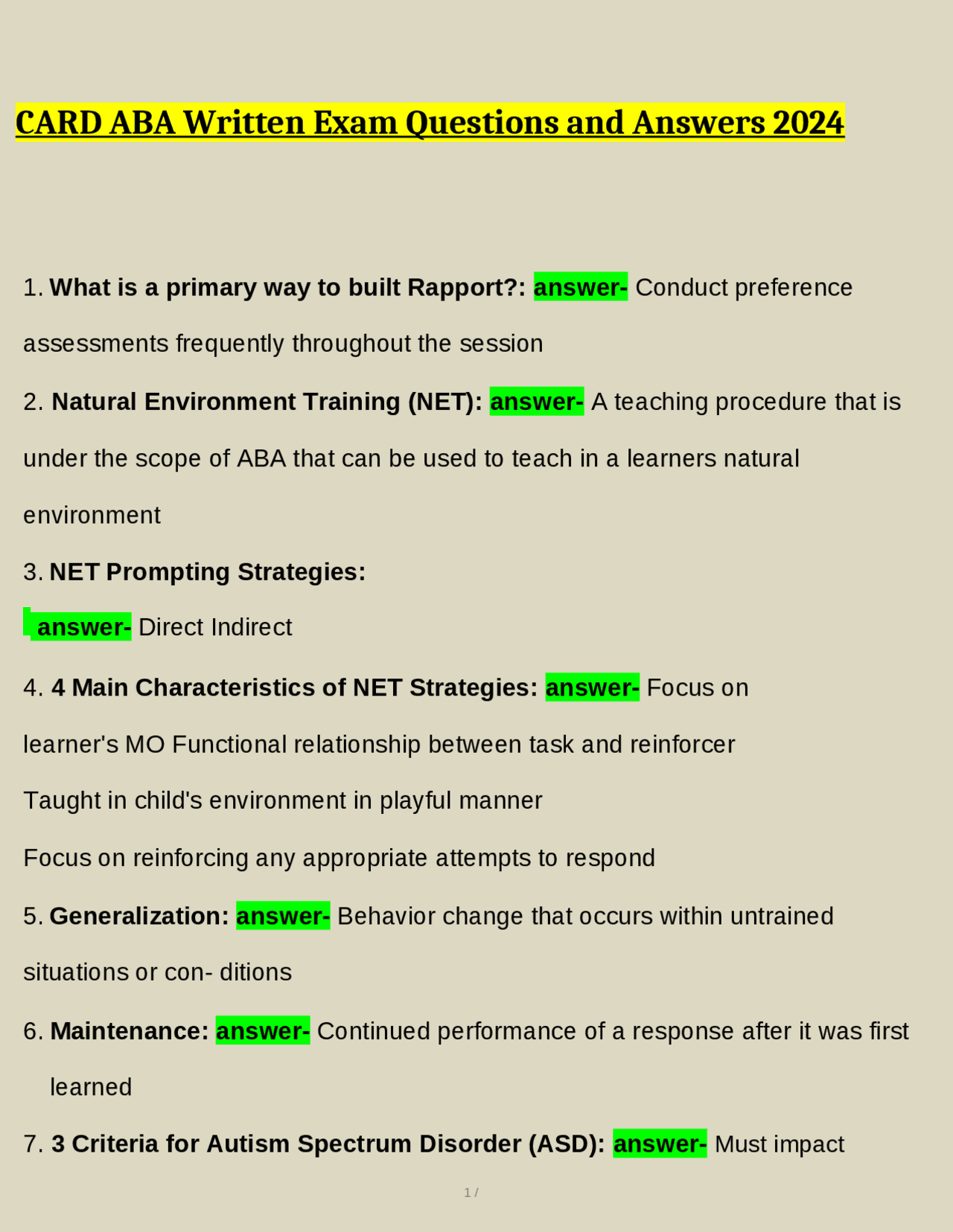 Applied Behavior Analysis (ABA) Written Exam Questions and Answers ...
