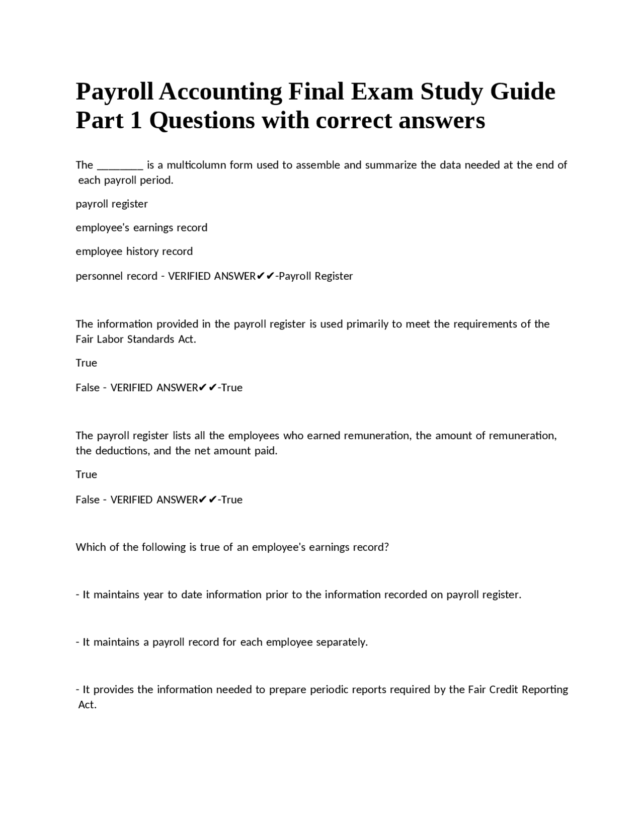 Payroll Accounting Final Exam Study Guide Part 1 Questions with correct ...