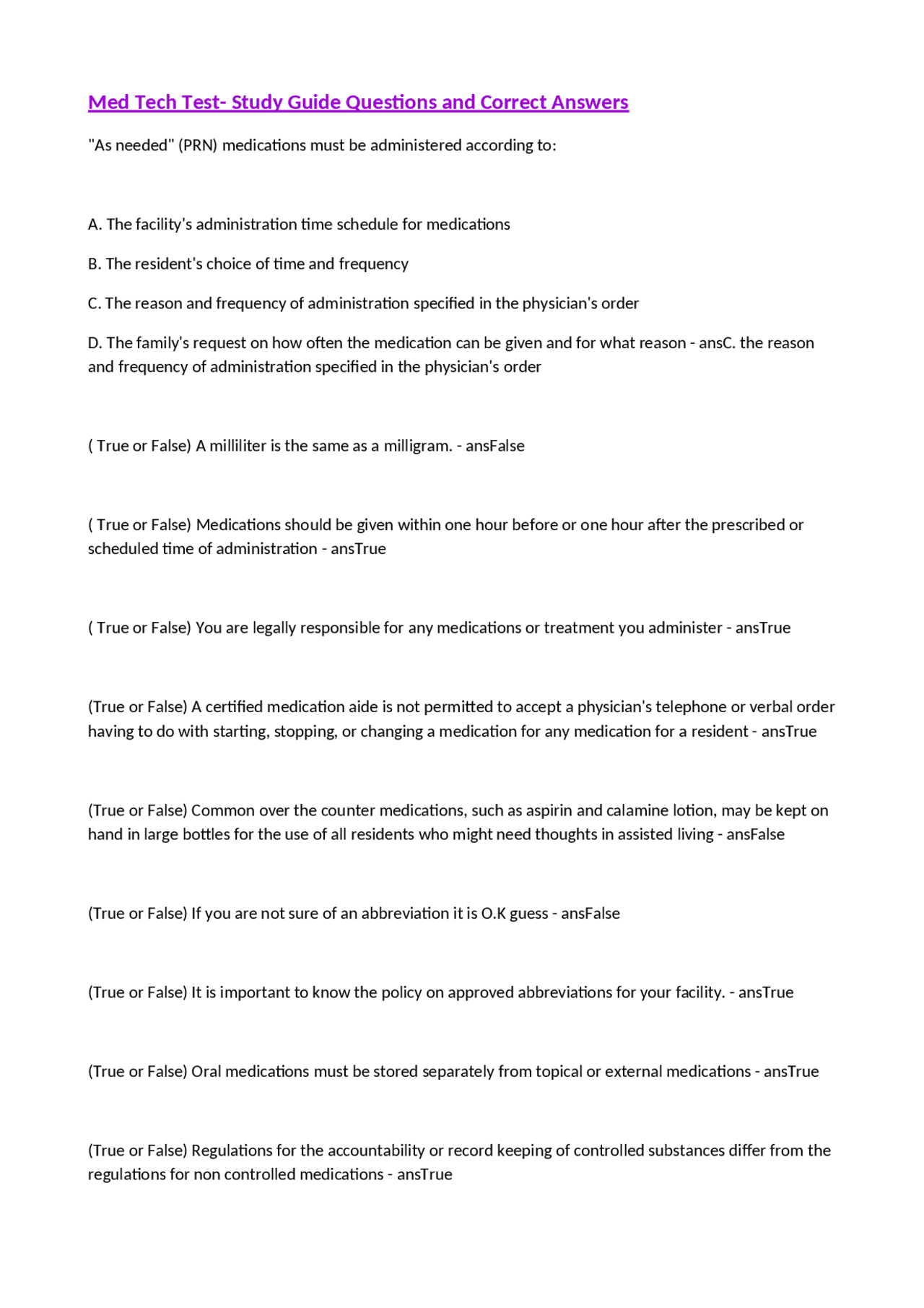 Med Tech Test- Study Guide Questions and Correct Answers | Exercises ...