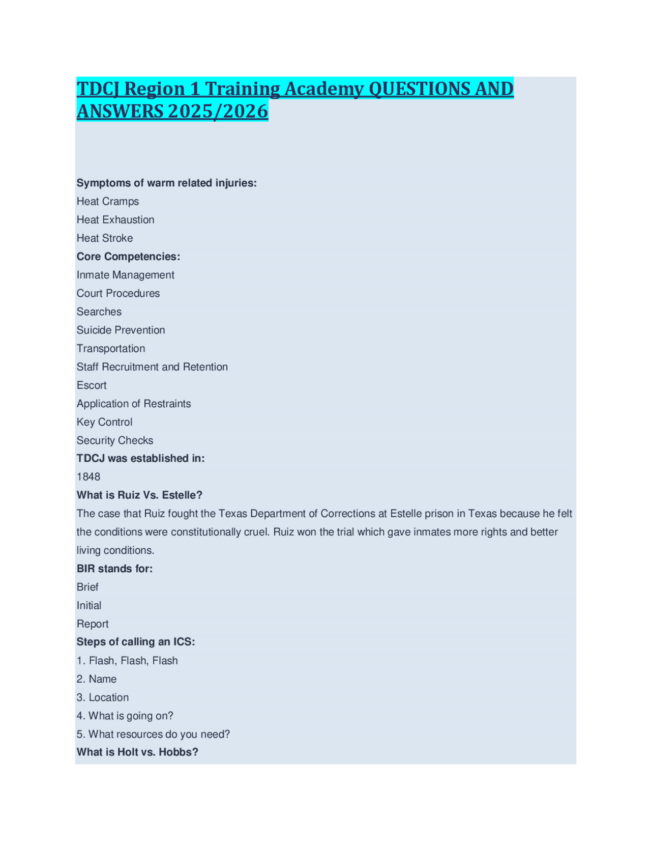 TDCJ Region 1 Training Academy QUESTIONS AND ANSWERS 2025/2026 | Exams ...