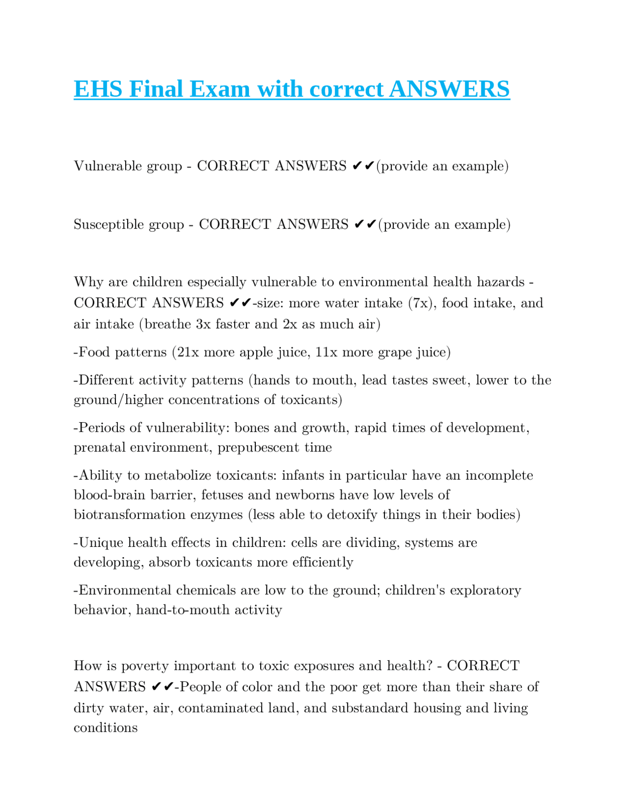 EHS Final Exam with correct ANSWERS | Exams Environmental Science | Docsity