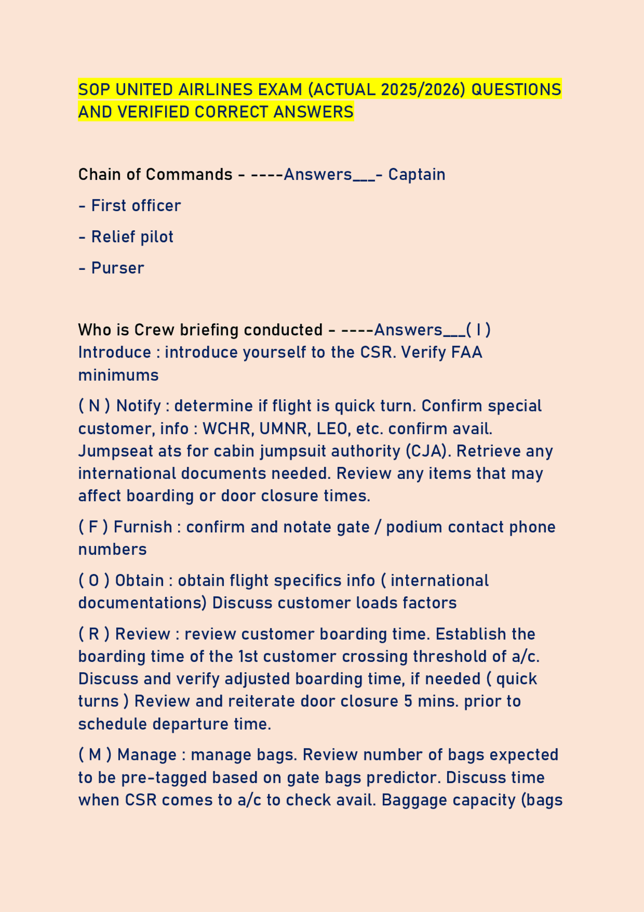 SOP UNITED AIRLINES EXAM (ACTUAL 2025/2026) QUESTIONS AND VERIFIED ...