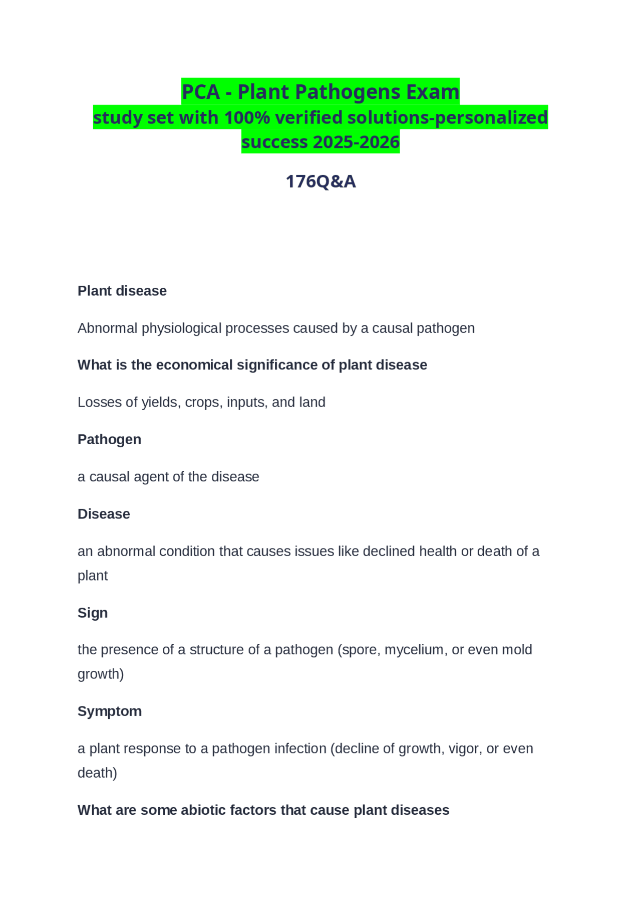 PCA - Plant Pathogens Exam study set with 100% verified solutions ...
