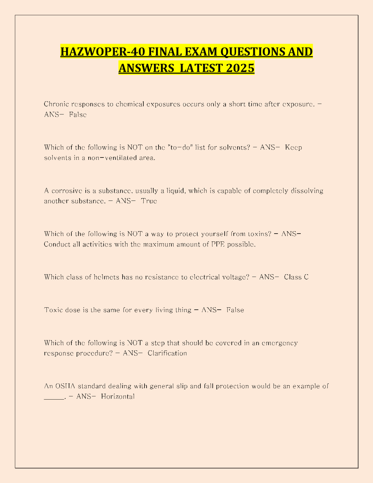 HAZWOPER-40 FINAL EXAM QUESTIONS AND ANSWERS LATEST 2025 | Exams Waste ...