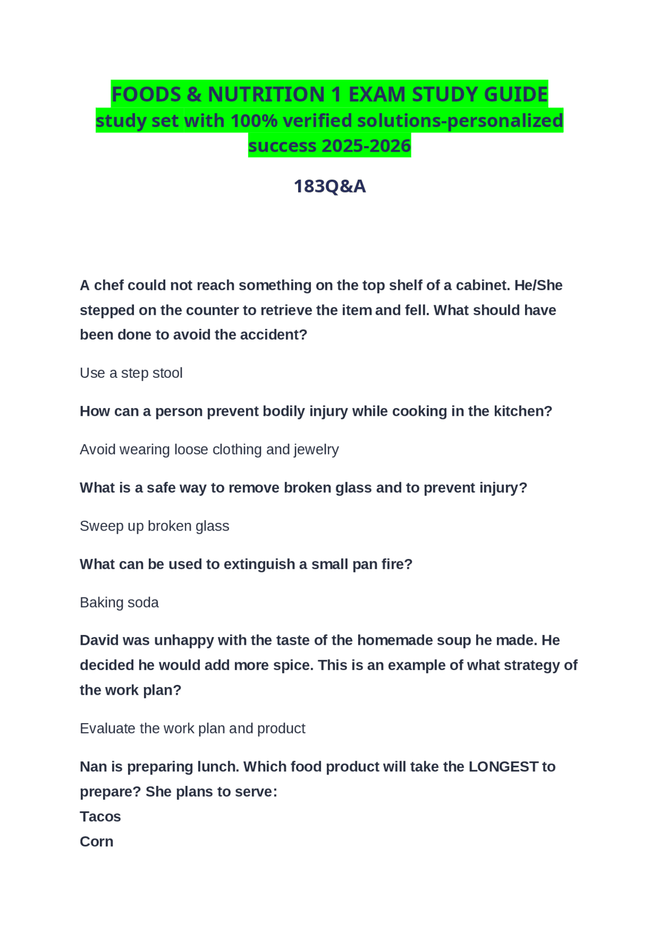 FOODS & NUTRITION 1 EXAM STUDY GUIDE study set with 100% verified ...
