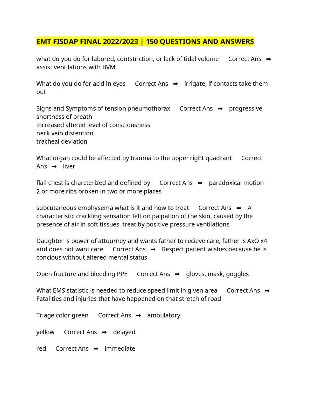 EMT FISDAP FINAL 2022/2023 | 150 QUESTIONS AND ANSWERS | Exams Nursing | Docsity