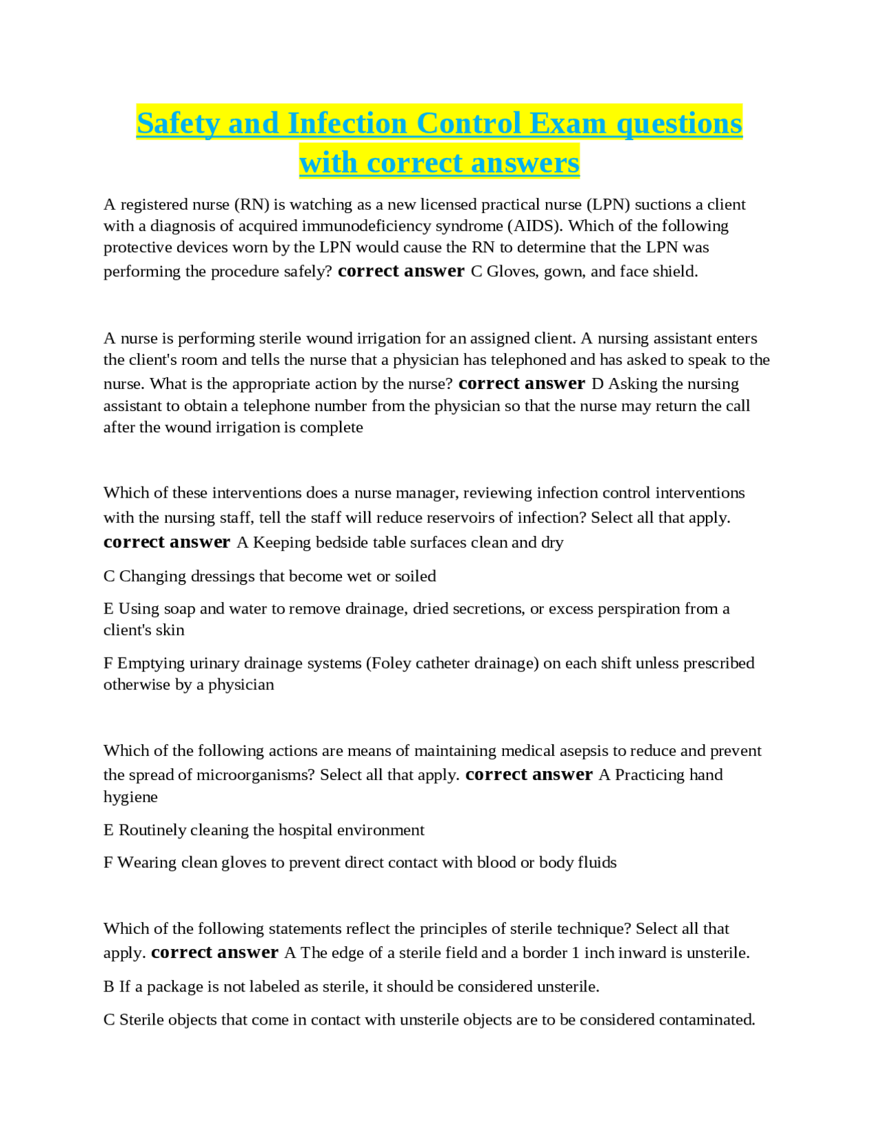 Safety and Infection Control Exam questions with correct answers ...