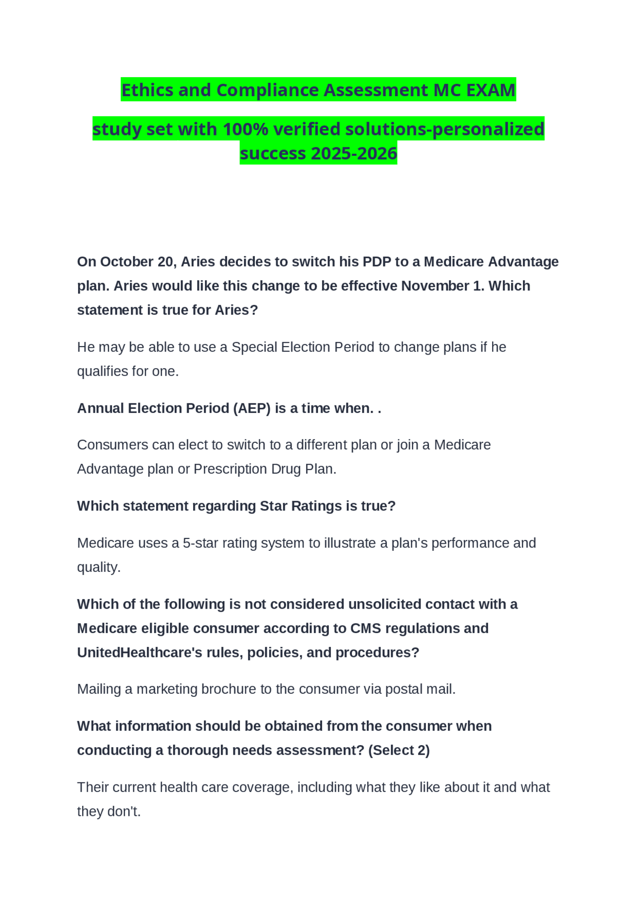 Ethics and Compliance Assessment MC EXAM study set with 100% verified ...