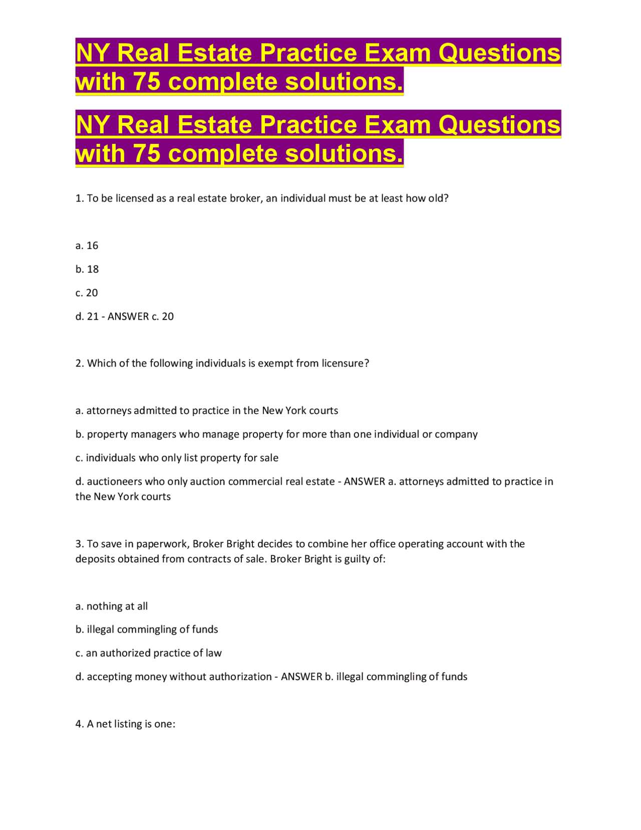 NY Real Estate Practice Exam Questions with 75 complete solutions ...