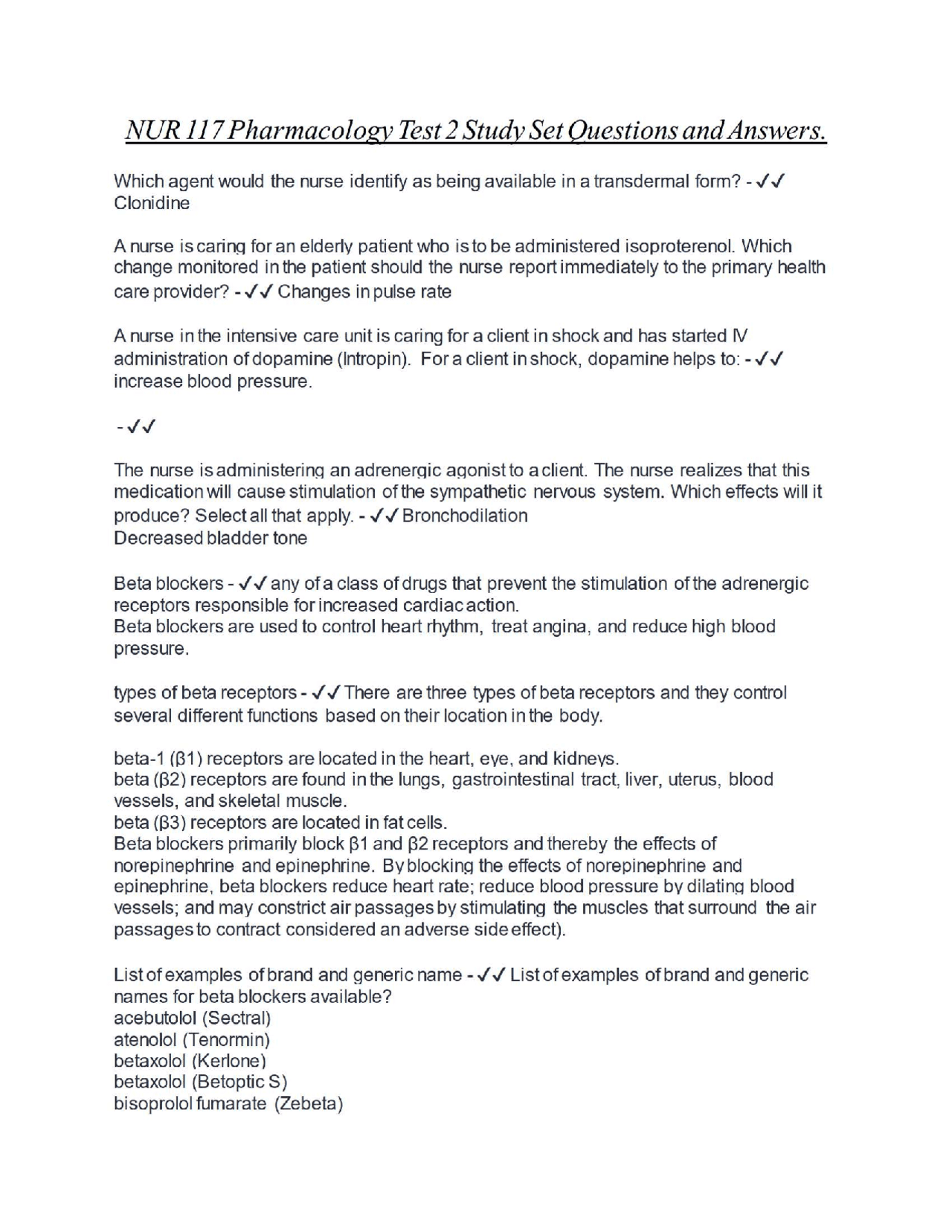 NUR 117 Pharmacology Test 2 Study Set Questions and Answers. | Exams ...
